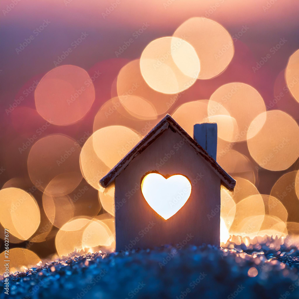 Miniature house with heart shape window on sunset background. Sweet ...
