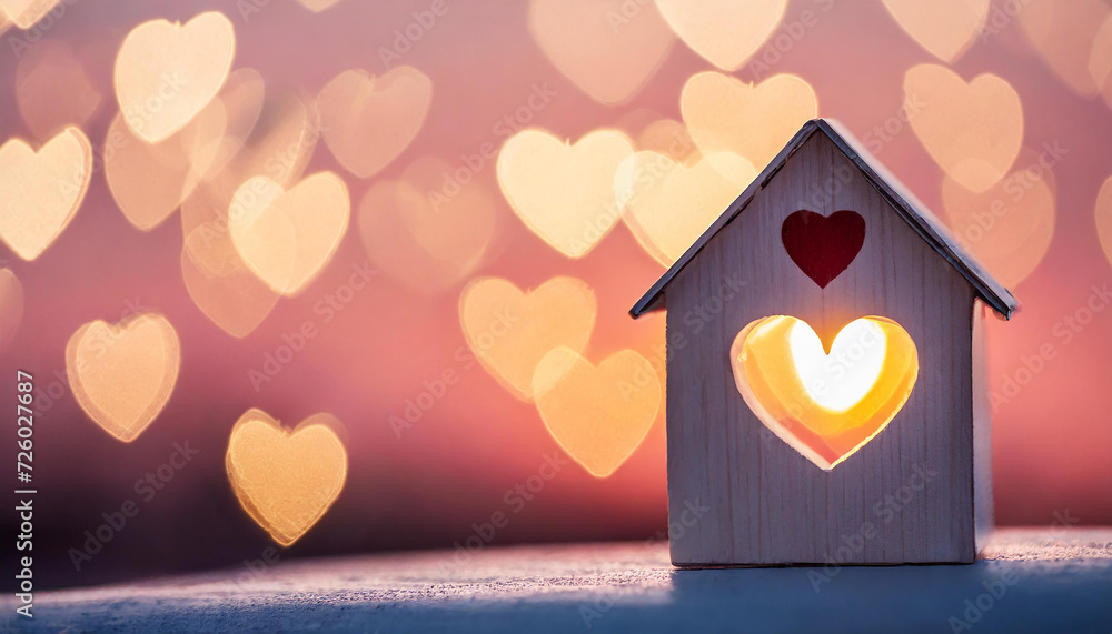 Miniature house with heart shape window on sunset background. Sweet ...