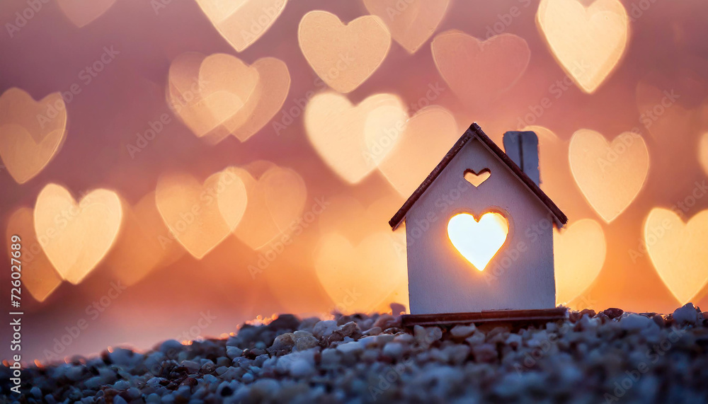 Miniature house with heart shape window on sunset background. Sweet ...