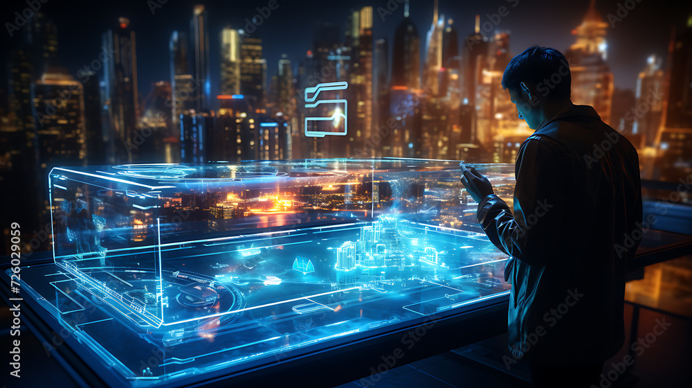 a combination of humans and future hologram technology background ...