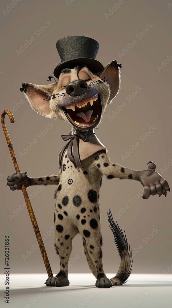 Cartoon digital avatar of a hyena wearing a top hat and holding a cane ...