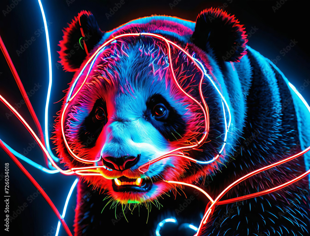 Psychedelic Panda - Hypnotic neon lines accentuating the form of a ...