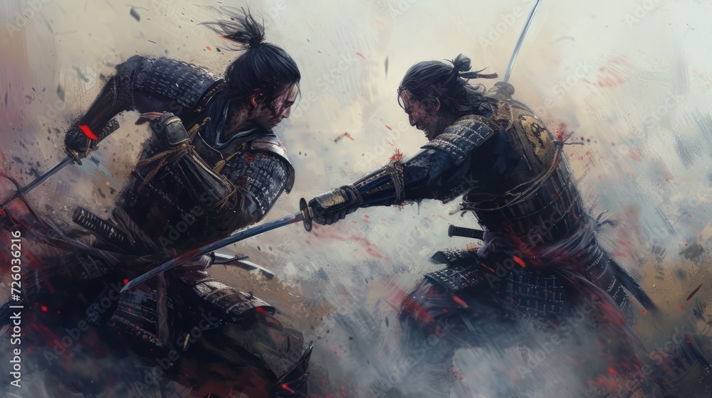 epic samurai with weapon swords standing and duel fighting. rainy day ...
