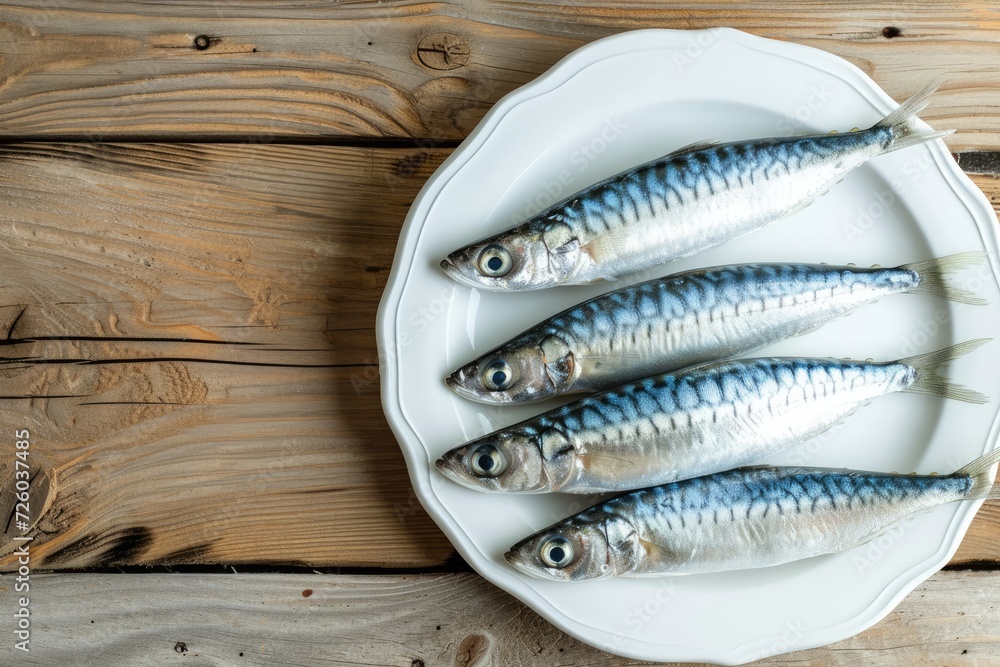 Presentation ready top view of three fresh sardine fish on a white ...