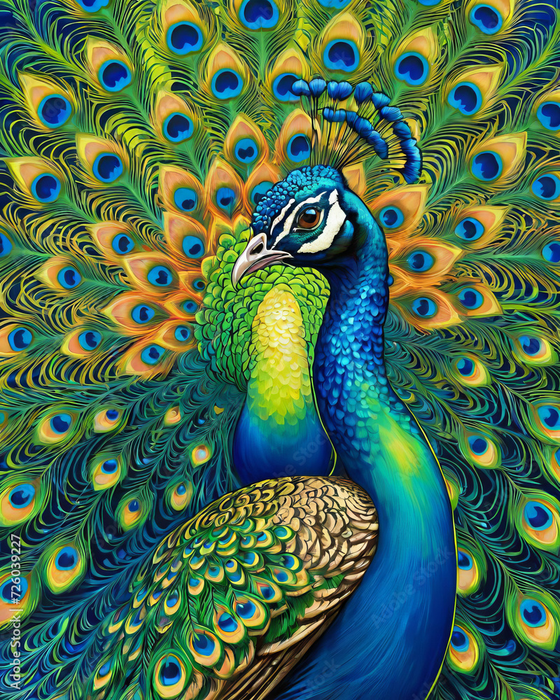 Psychedelic Peacock with Totem Pole in Energetic and Vivid Art Nouveau ...