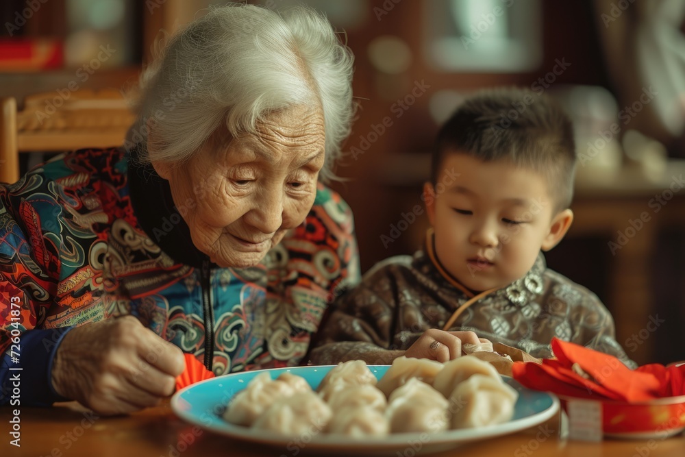 An old Chinese grandmother gives her child and grandson a red envelope ...