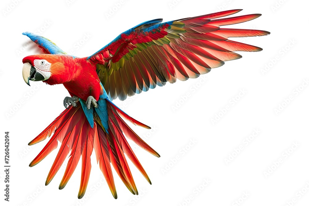 Flying wild parrot isolated on white Bright red and blue south american ...