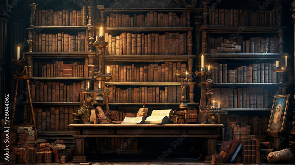 Ancient gothic library, dark and eerie library, magic medieval library ...