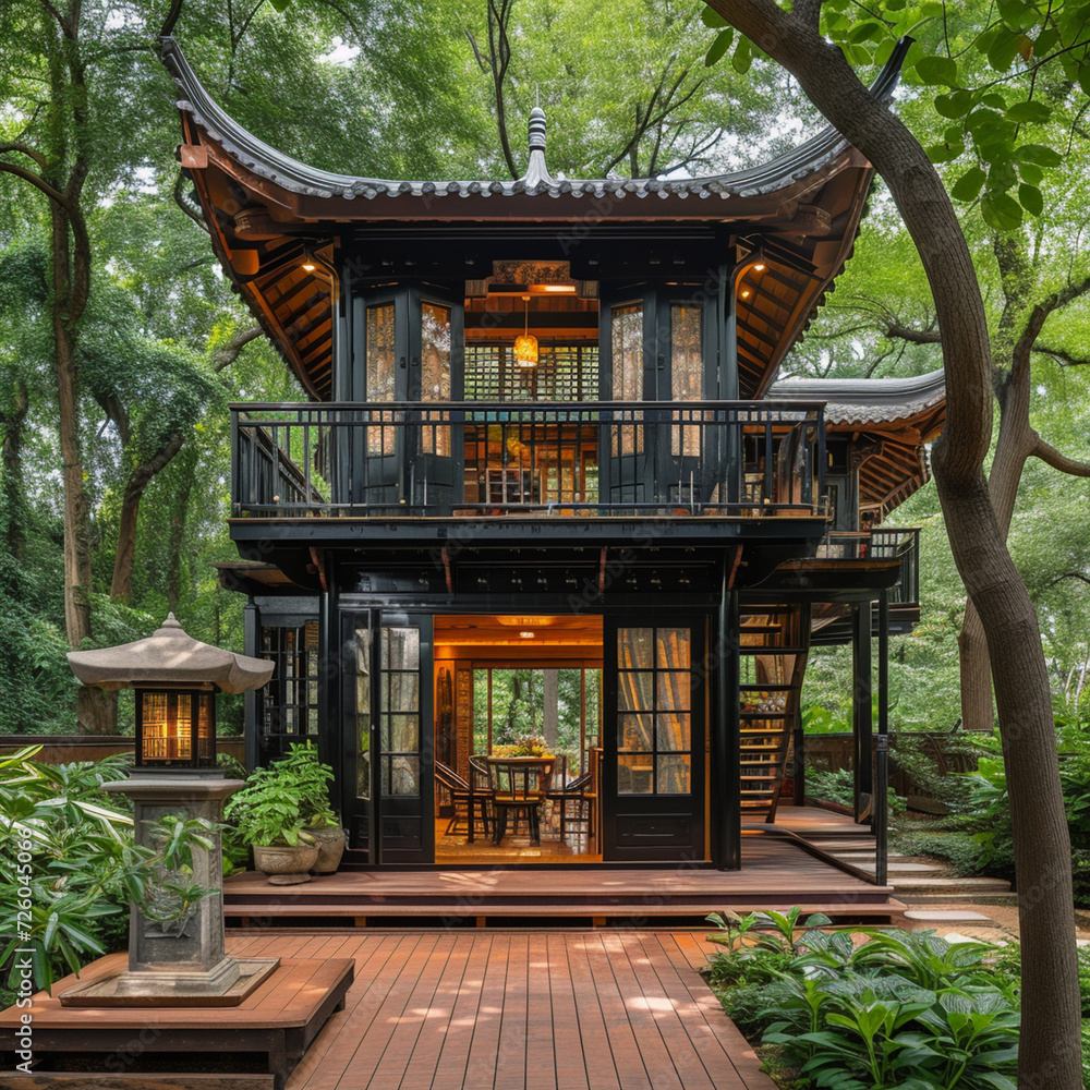 Tiny two floor timber frame house with double front doors and terrace ...