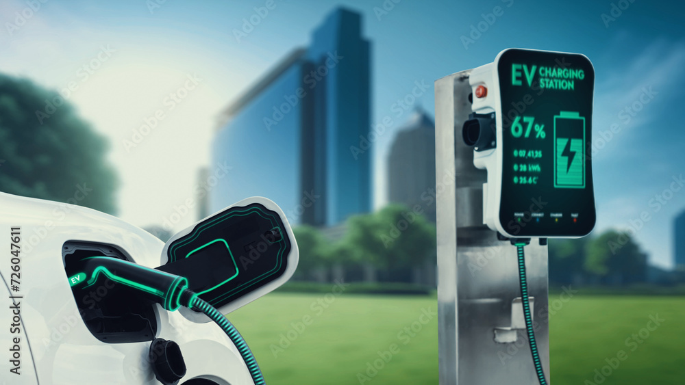 Electric car plug in with charging station to recharge battery with ...