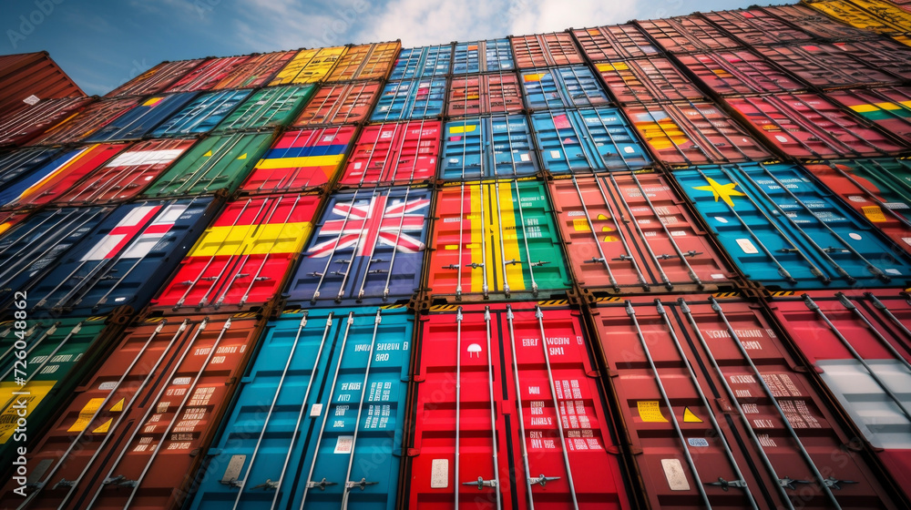 An array of international flags on the sides of containers representing ...