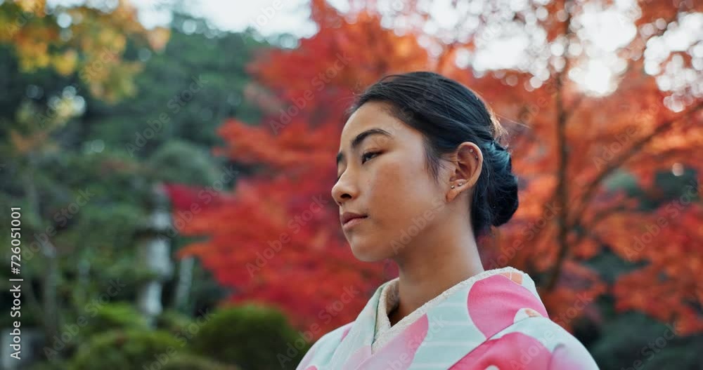 Woman in park, Asian and peace, thinking about life with reflection and ...