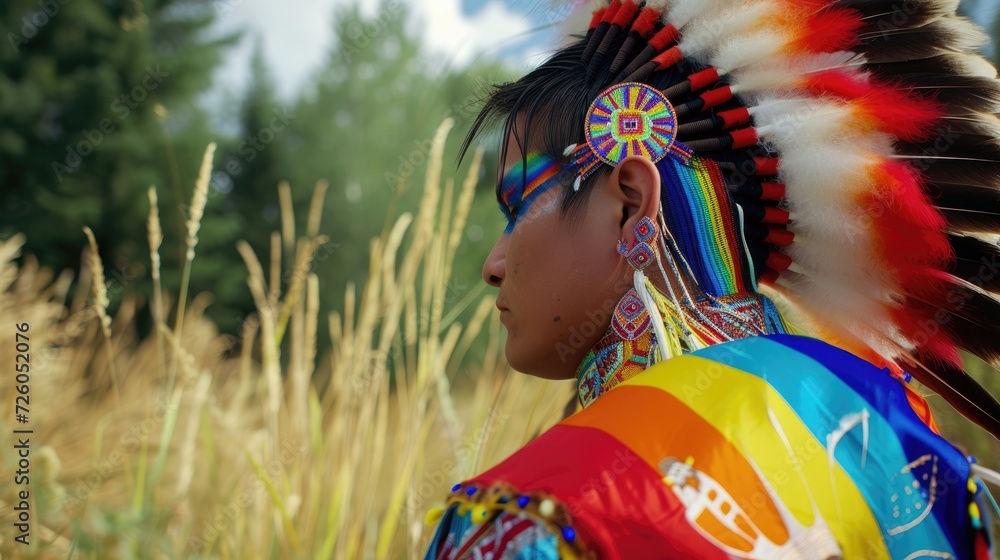 A person of Native American descent adorned in traditional regalia with ...