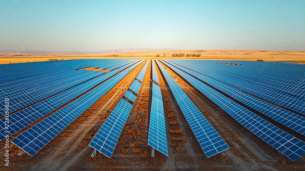 Energy saving and power sustainability concept, Expansive solar farms ...