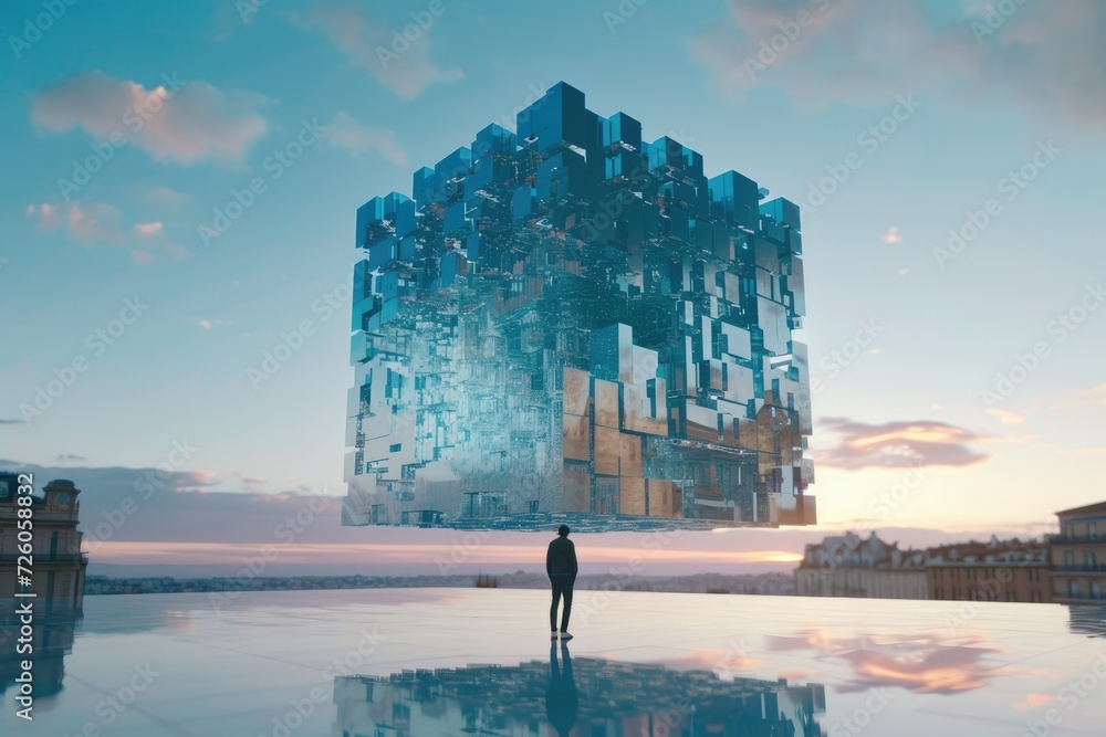 3D Cube Block with Floating, Human Standing front of cube Luminous ...