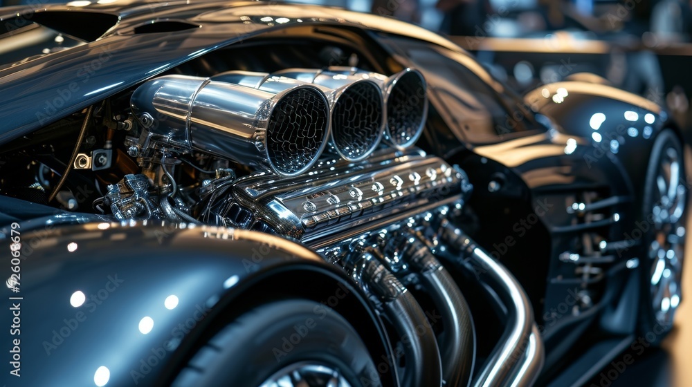The closeup footage showcases the cars large and powerful V8 engine ...