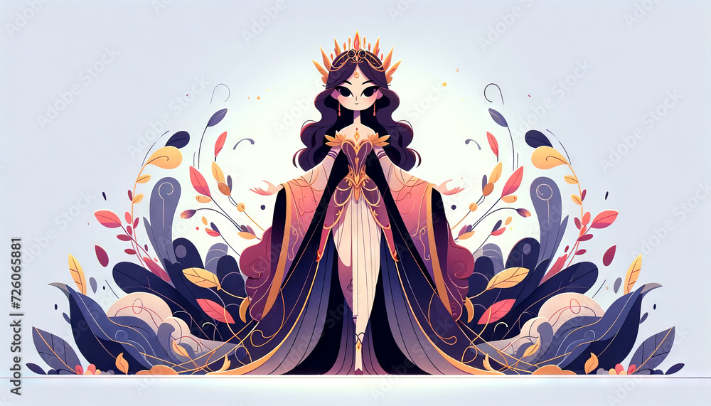 A whimsical animated art style depiction of Persephone in regal ...