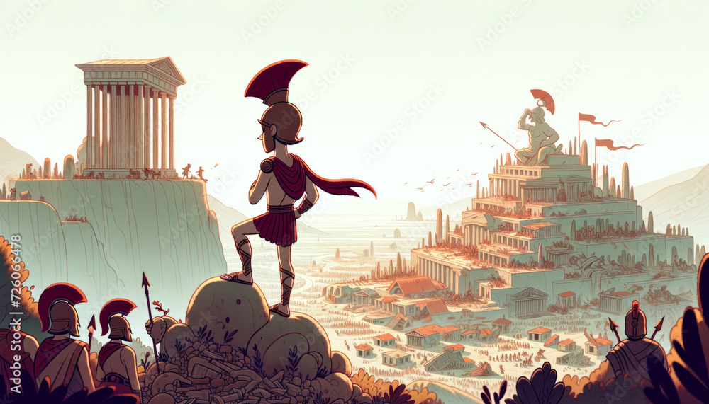 A whimsical, animated art style depiction of a mythological landscape ...