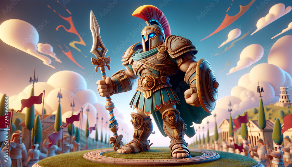 A whimsical, animated art style depiction of Ares, the Greek god of war ...
