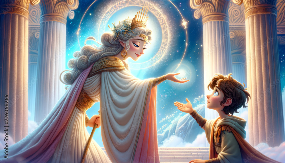 A whimsical, animated art style image of Hera, the Greek goddess ...