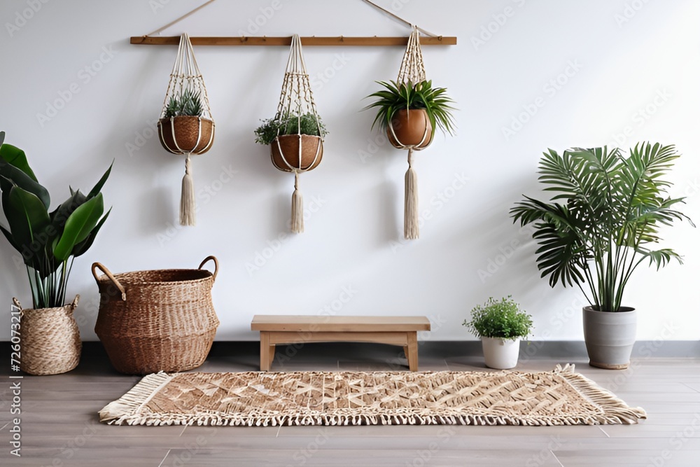 Wicker rug is lying on wooden floor next to pots with plants and ...
