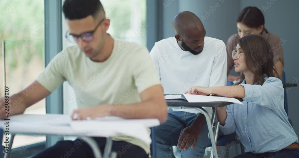 Teacher, students and exam in classroom for help, assistance or ...