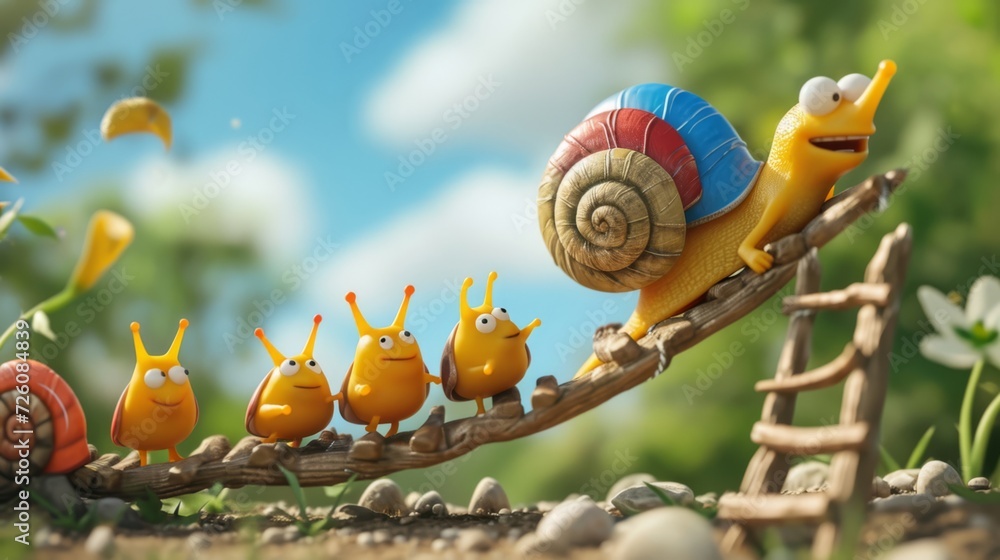 Cartoon scene of a group of superhero snails working together to build ...