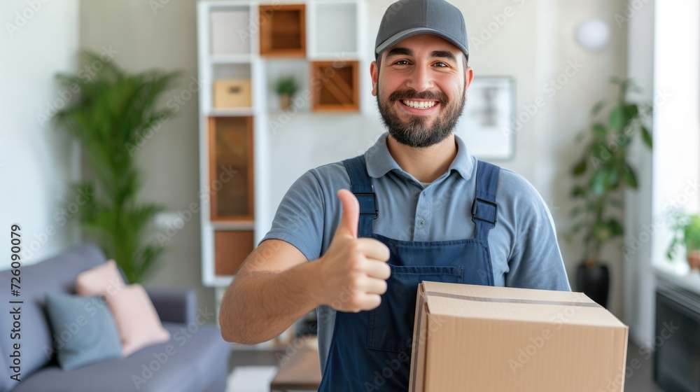 Moving day concept. Young happy smiling employee of moving service ...