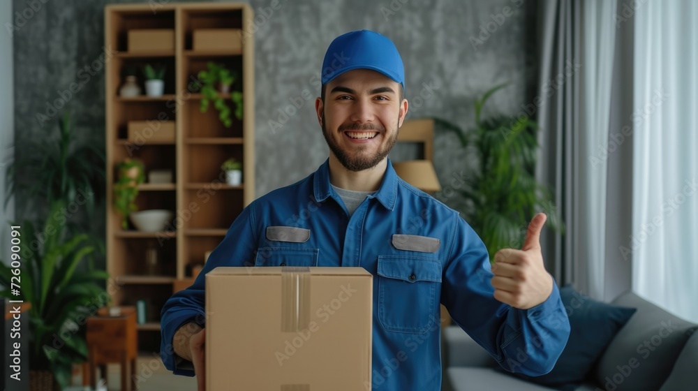 Moving day concept. Young happy smiling employee of moving service ...
