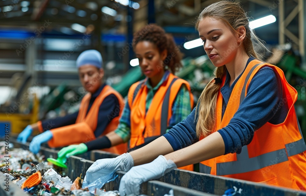 Garbage sorting and recycling concept: interracial sorters wearing ...