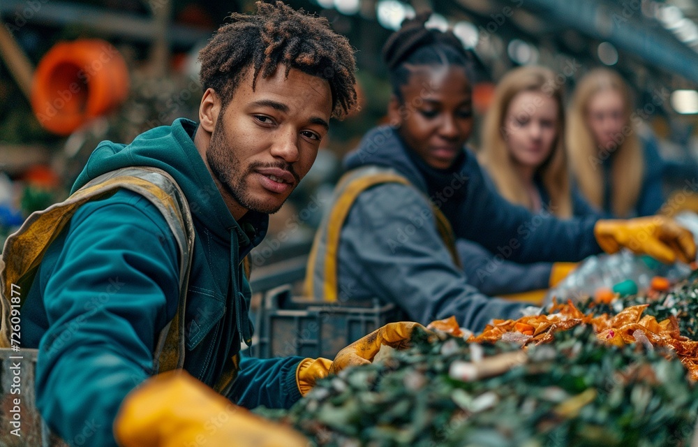 Garbage sorting and recycling concept: interracial sorters wearing ...