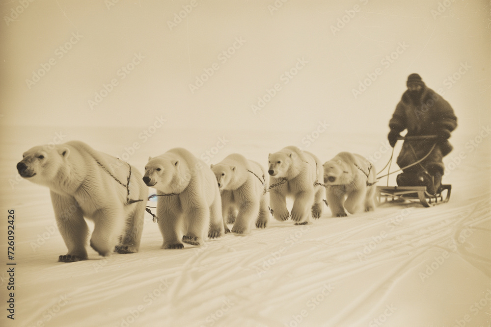 Vintage photo from the late 1800's of an Inuit hunter on his sled with ...