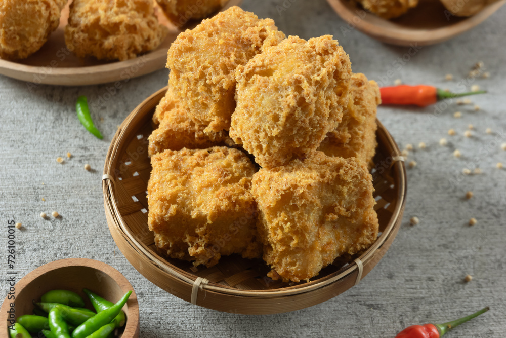 Tahu goreng cripsy, or crispy fried tofu, is one type of snack in ...