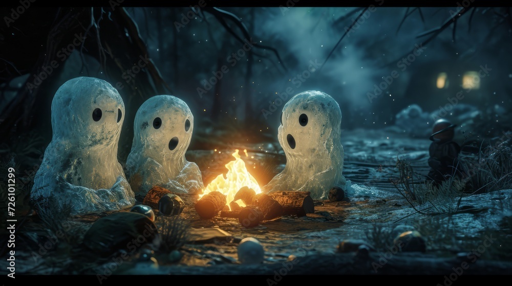 A group of globes huddled around a campfire telling ghost stories and ...