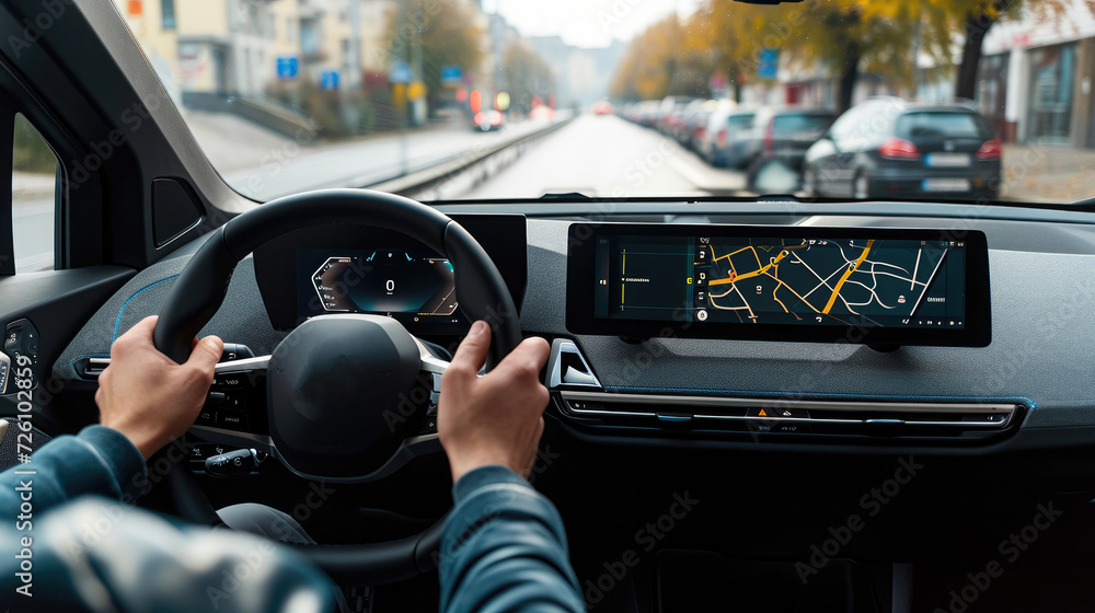Interior shot from the driver perspective, showing a driver interacting ...