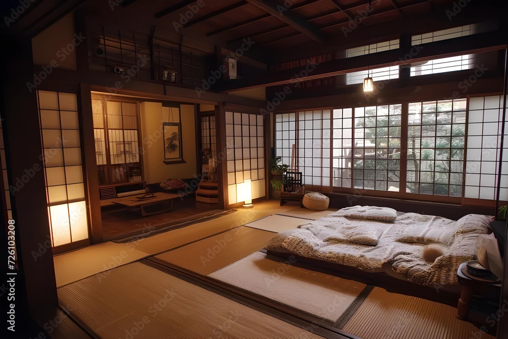 Step into an authentic Japanese-style bedroom adorned with tatami mats ...