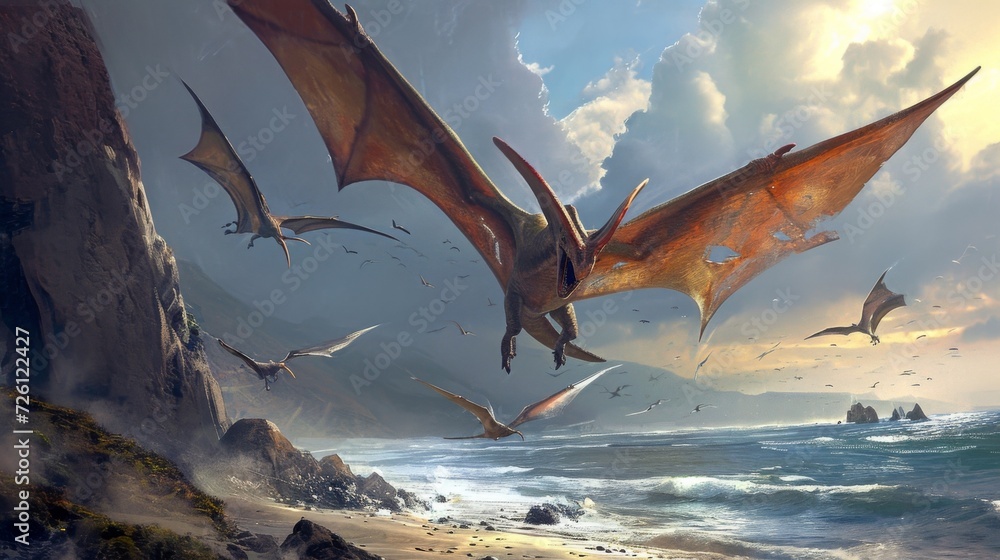 A group of Pterodactyls soaring above the intertidal zone their sharp ...