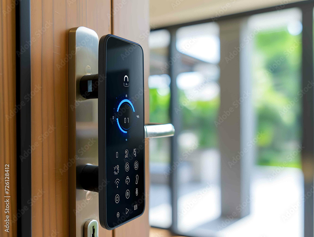 Residential door security system, unlocked with an application on a ...