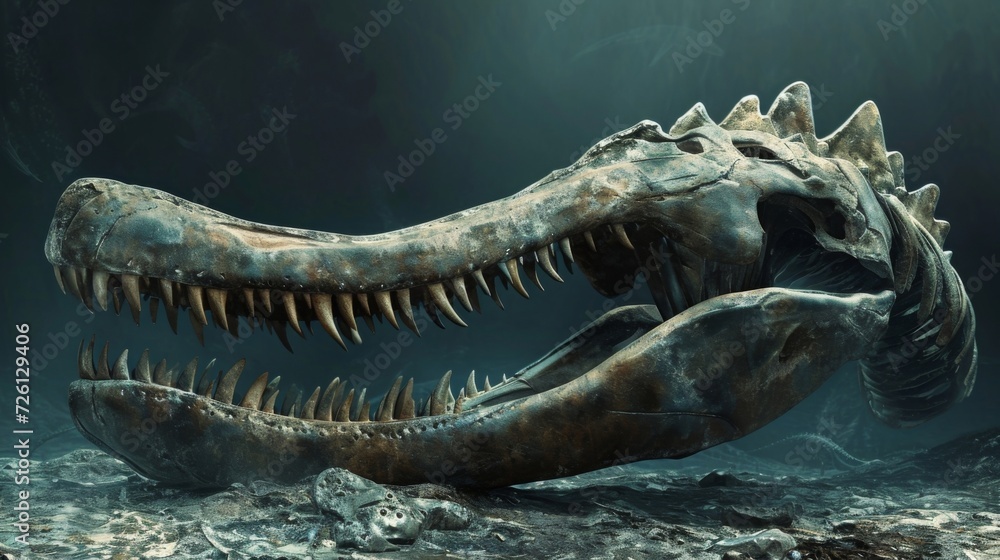 The powerful jawbone of a mosasaurus rests a the bones offering a ...