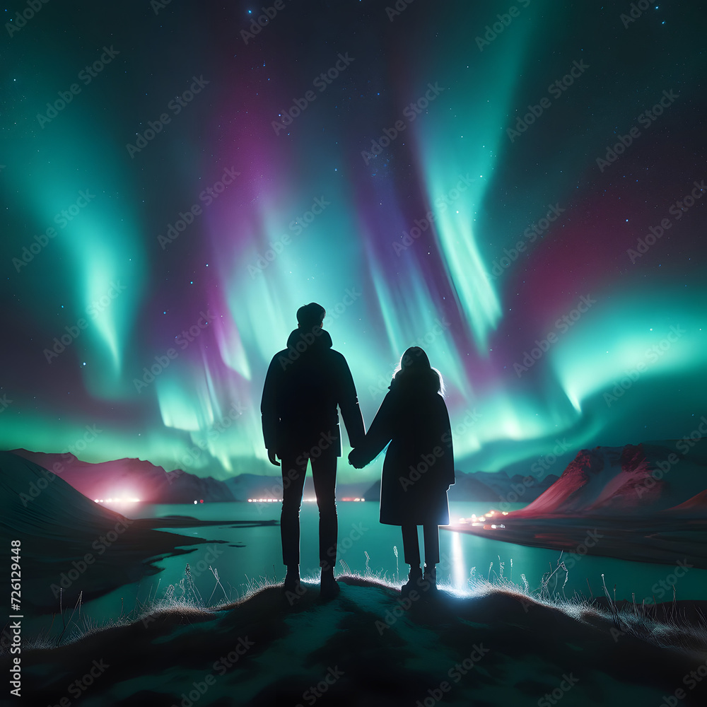 two people, a couple, standing hand in hand, gazing at the beautiful ...