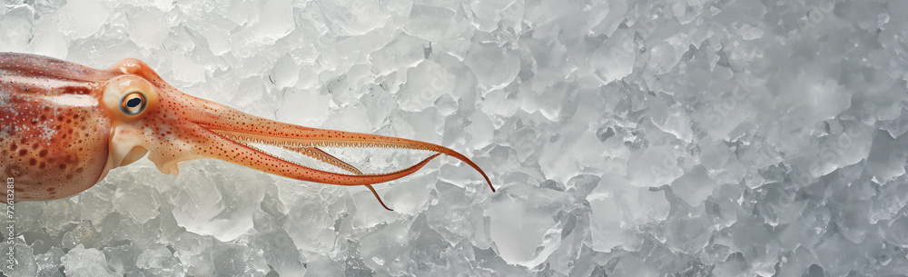 A realistic depiction of a squid gliding over a textured oceanic ice ...