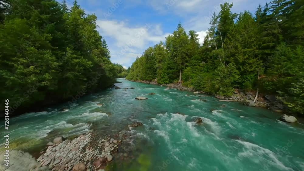 FPV drone flight over the fast moving river with rapids, close to the ...