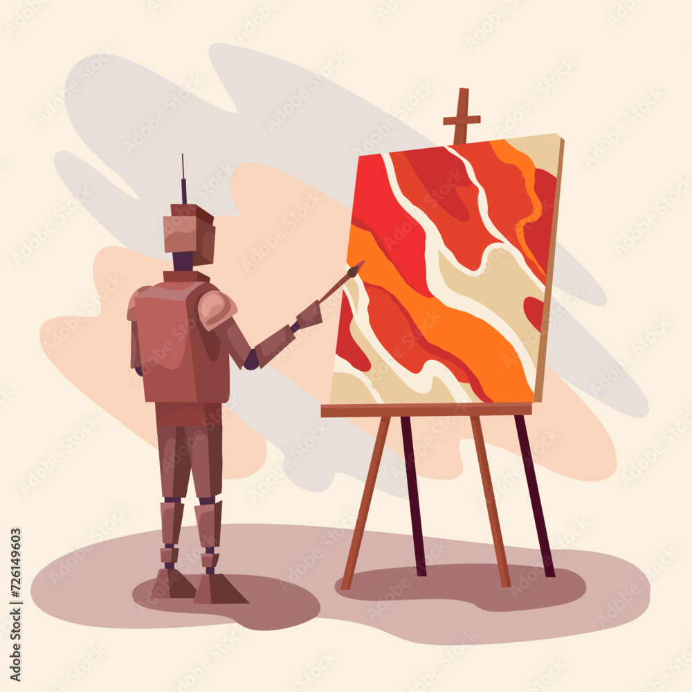 Vector illustration of a robot painting on an easel. Exploring ...