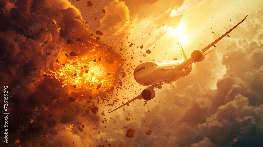 Dramatic explosion in the sky: airplane caught in a fiery blast amidst ...