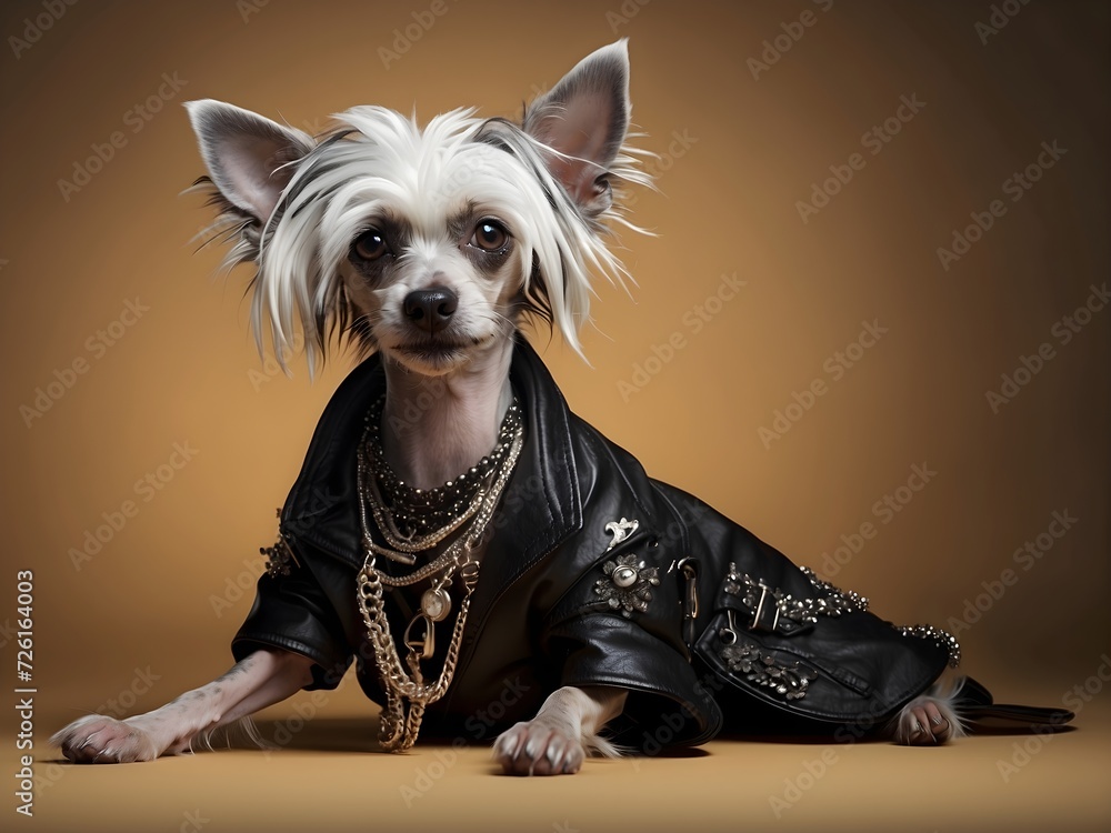 Cool looking punk rock dog wearing funky fashion jacket, spike hair ...