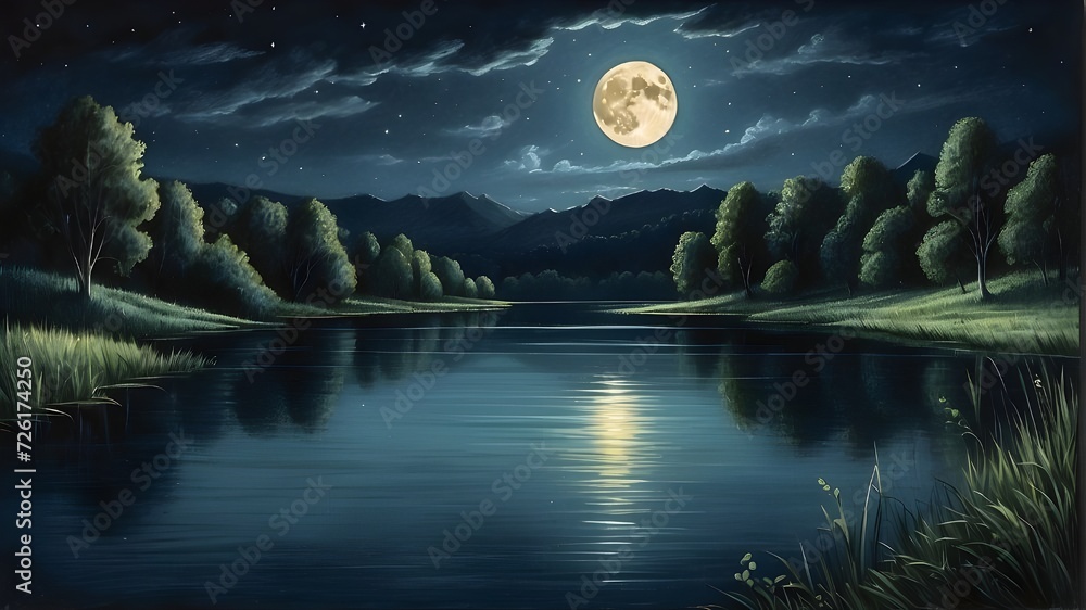 Moonlight night over a tranquil lake, rendered in enchanting color in a ...