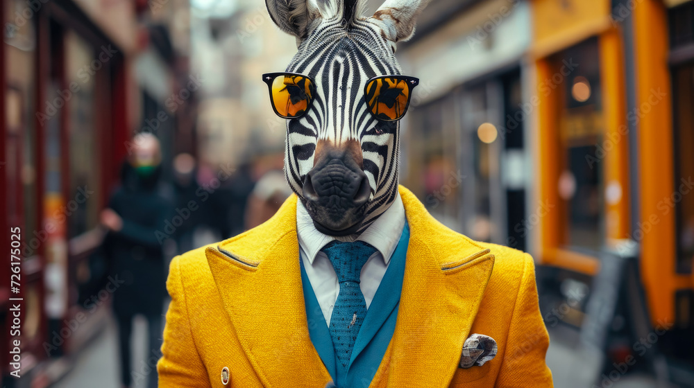 Fashionable zebra strides through city streets in tailored elegance ...