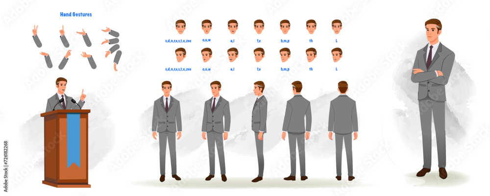 An International politician, leader model sheet. Politician creation set. International ...