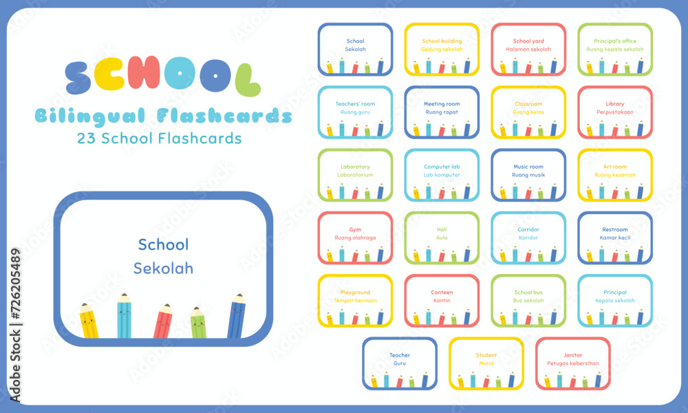 School colorful flashcard vector set. Printable school flashcard for ...