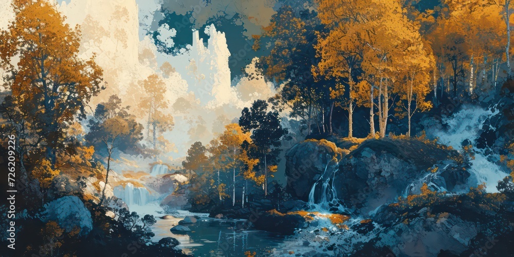 Print depicts a Nordic scene awash in a palette of serene whites, deep ...